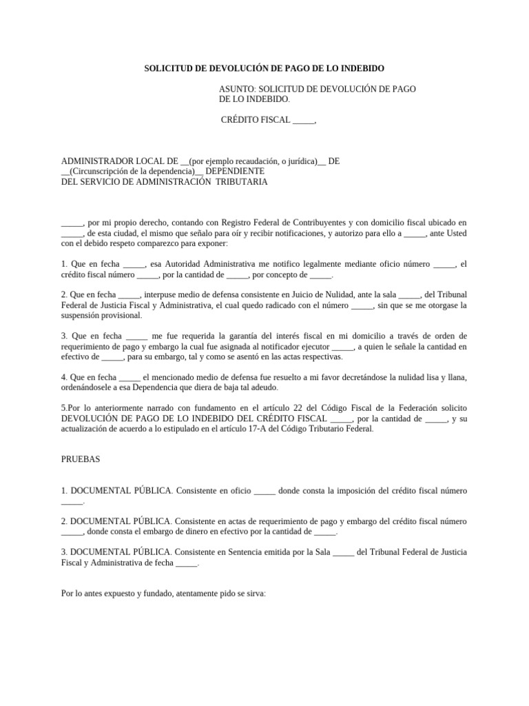 Solicitud de Devolución de Pago de Lo Indebido | PDF | Fiscal | Gobierno
