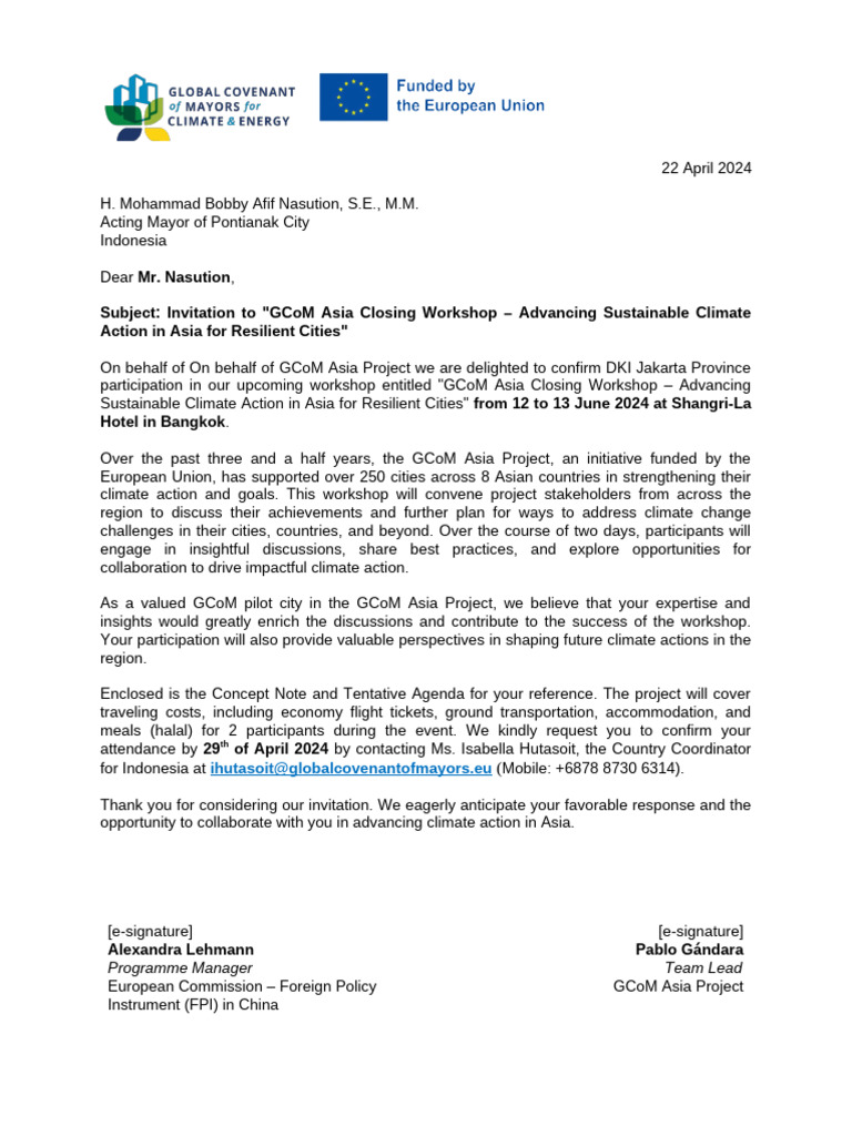 Invitation Letter - GCoM Asia Closing Workshop - Medan City-3 | PDF