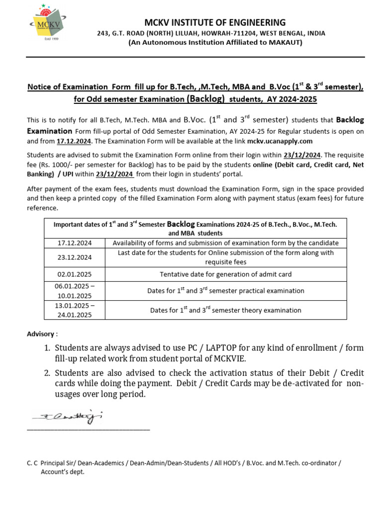 Notice - Odd Sem Backlog Exam Form Fillup 2024-25 | PDF | Services (Economics) | Money