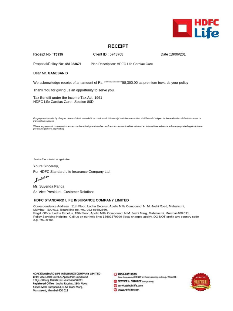 HDFC Life Cardiac Care Premium Receipt | PDF