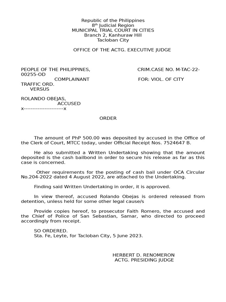Order of Release Obejas | PDF