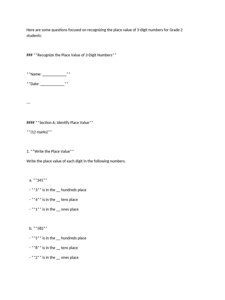 Grade 2 Math: 3-Digit Place Value | PDF | Mathematics | Cognitive Science