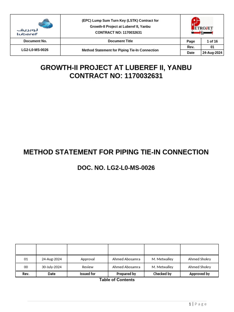 Method Statement For Piping Tie-In Connection - Rev. 01 | PDF | Quality ...