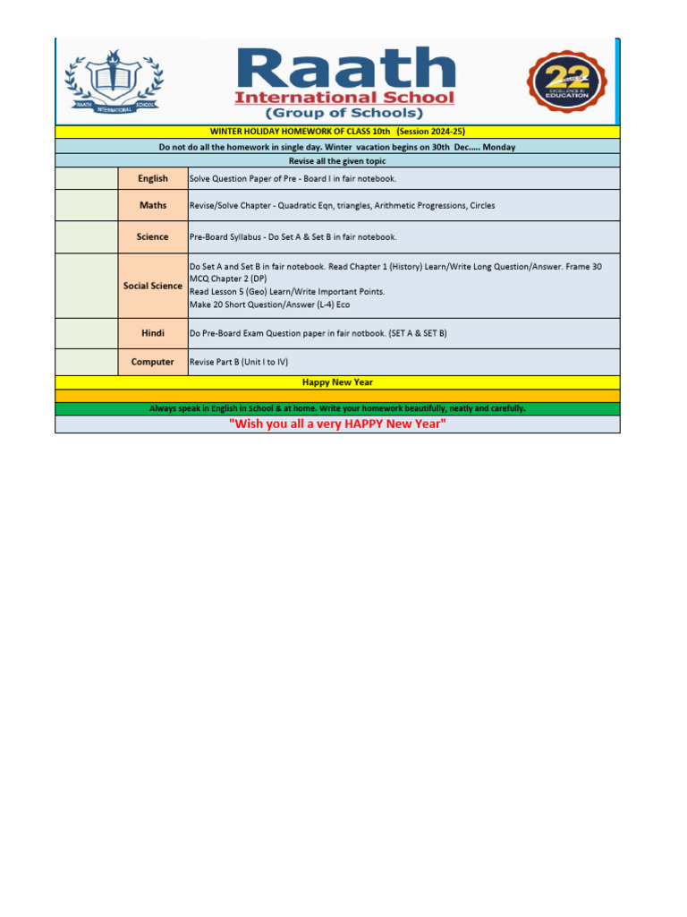 Class 10th Winter Holiday Homework | PDF