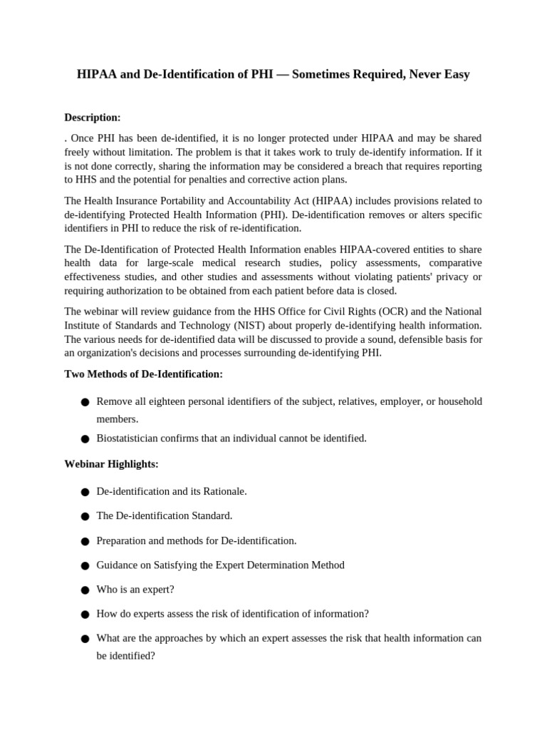 HIPAA and De-Identification of PHI | PDF | Health Insurance Portability ...