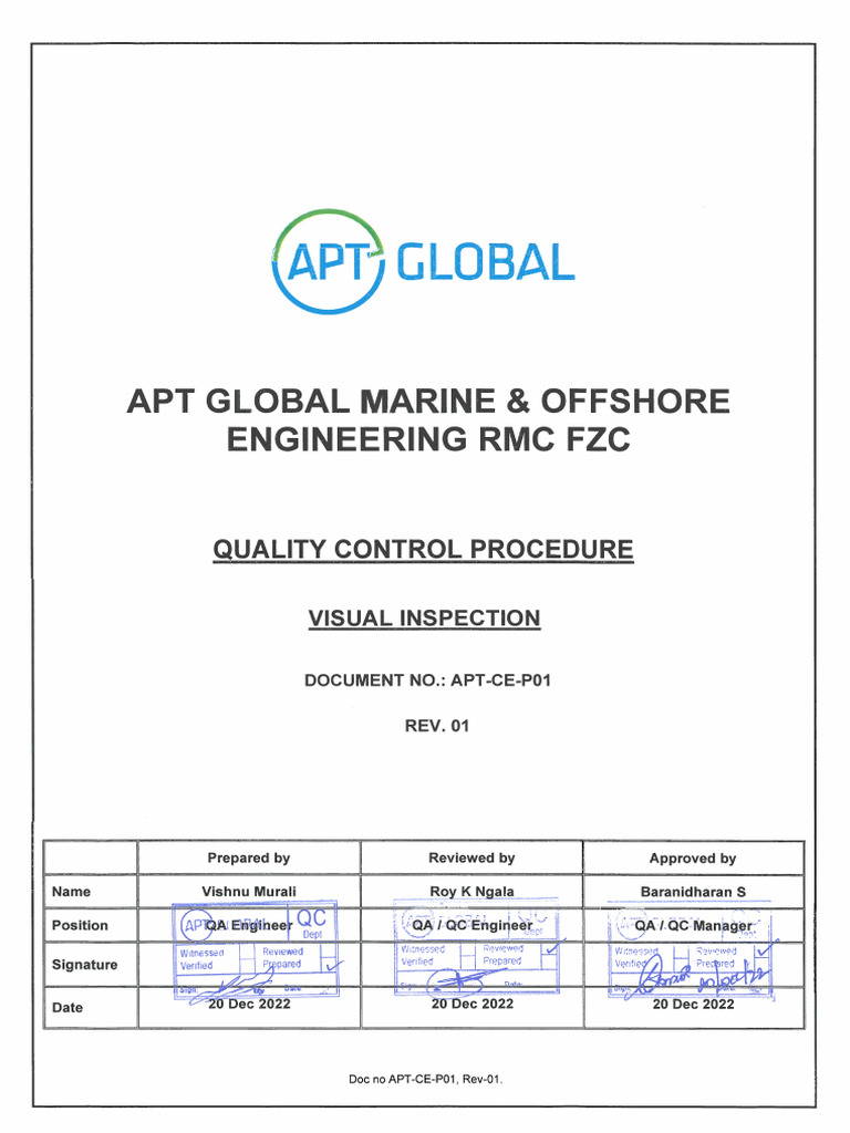 APT-CE-P01 Visual Inspection Procedure - Rev.01 | PDF | Nondestructive ...