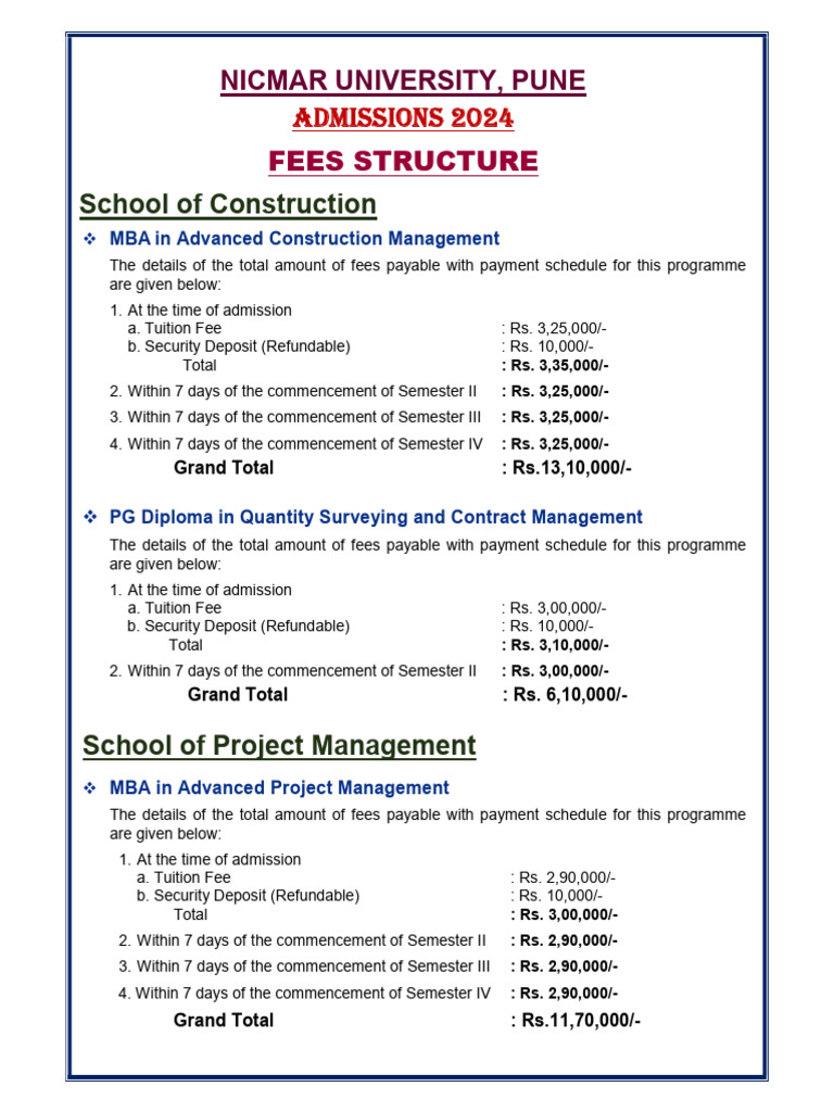 Fees Structure Admissions 2024 | PDF