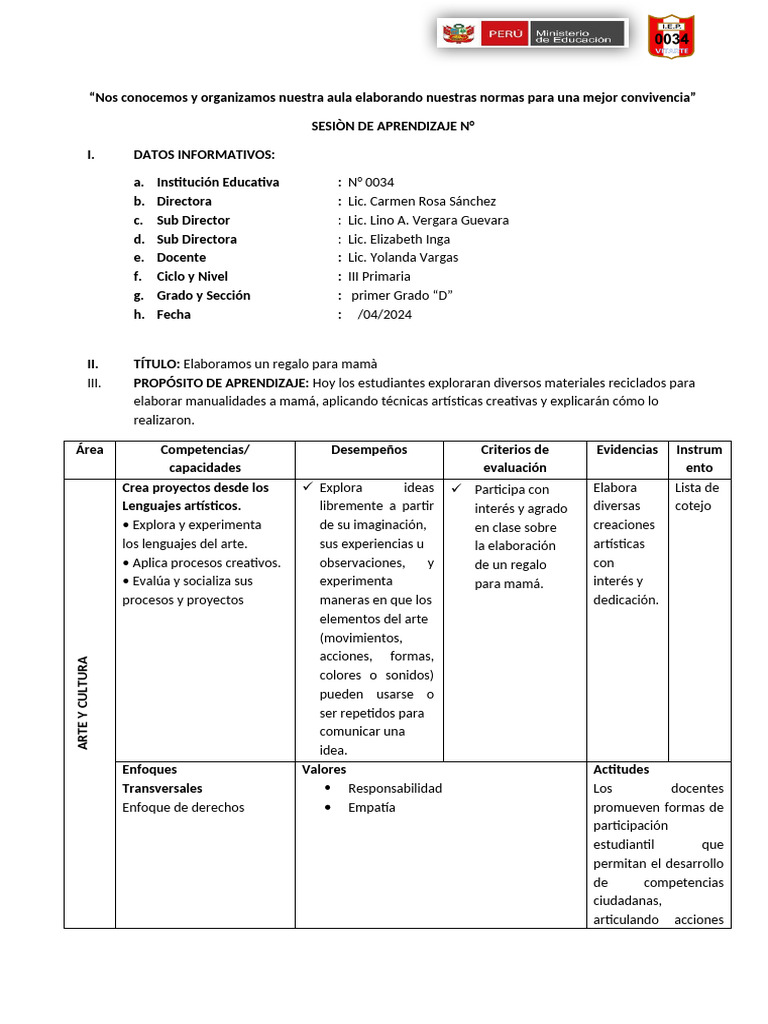 Sesion De Aprendizaje Tutorìa Nº 1 Pdf Aprendizaje Amor