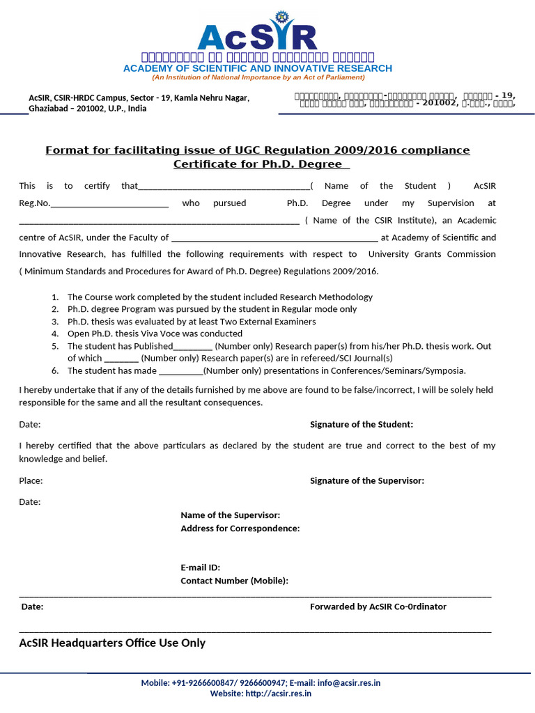 Format For Certification of The Compliance To UGC Regulation 2009 2016 For Ph.D. Degree | PDF ...