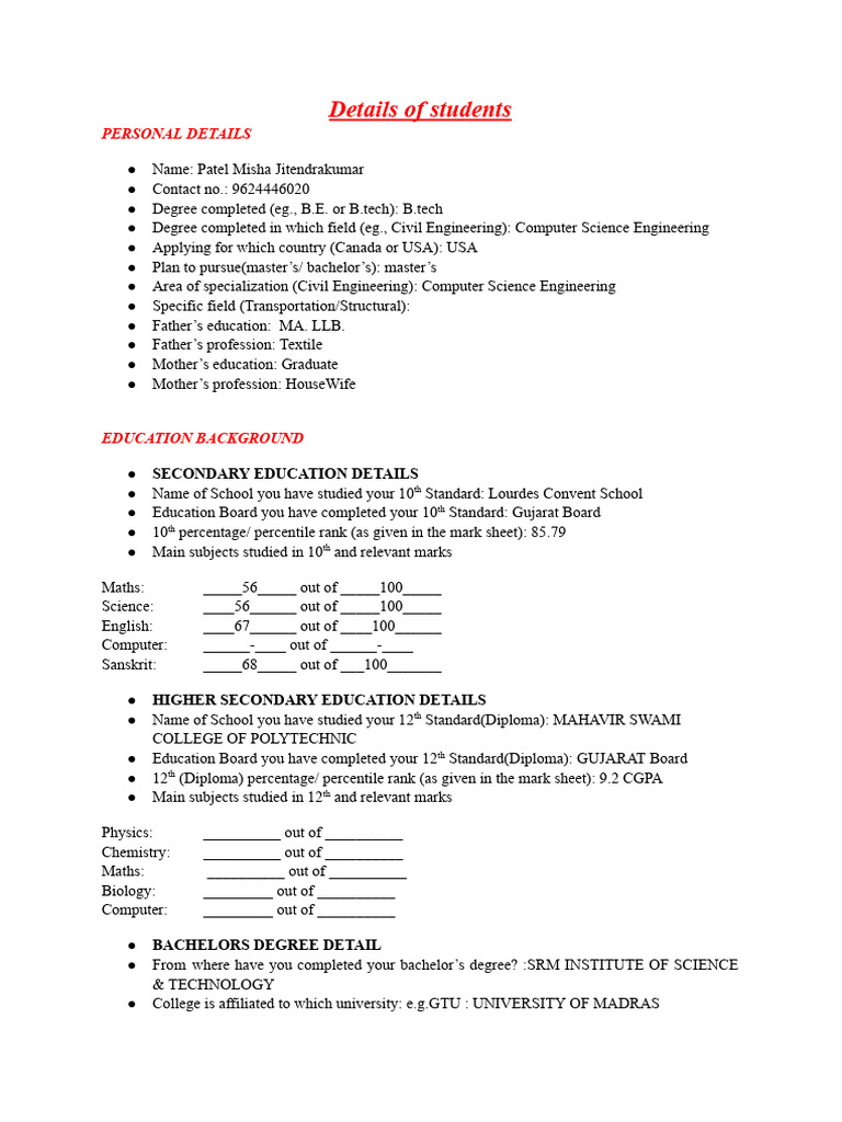 Details of Students MIISHA | PDF | Academic Degree | Data