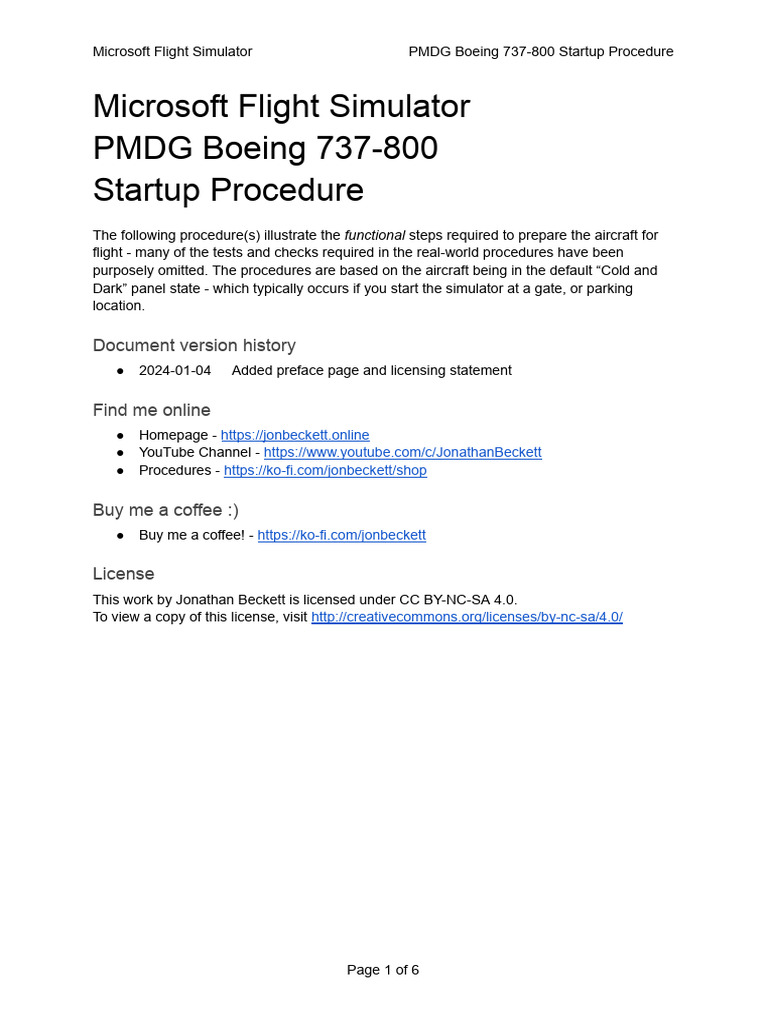 PMDG Boeing 737800 Startup Procedure | PDF | Aircraft | Transport