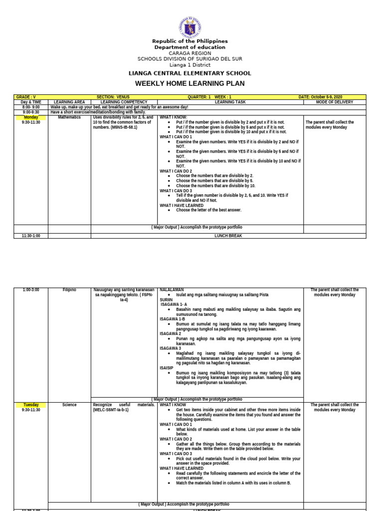 Weekly Home Learning Plan | PDF