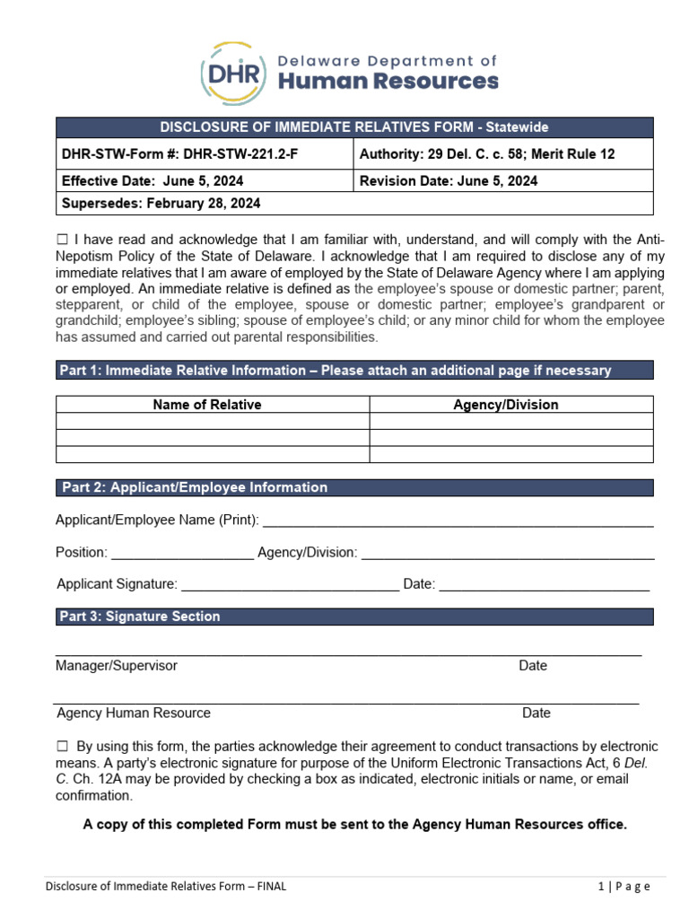 Delaware Immediate Relatives Disclosure Form | PDF
