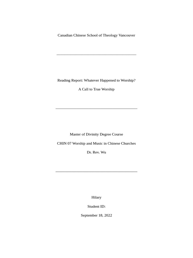 Reading Report 1-A Call To Worship | PDF | Worship | God
