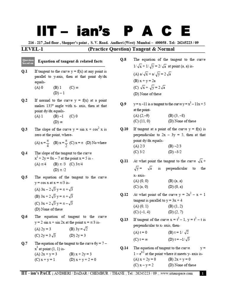 Tangent & Normal (Practice Question) | PDF | Tangent | Slope