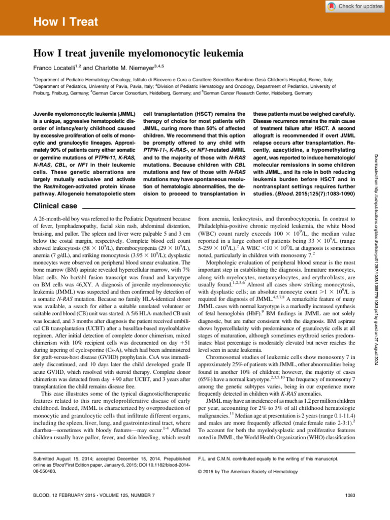 How I Treat Juvenile Myelomonocytic Leukemia (Blood. 2015) | PDF ...
