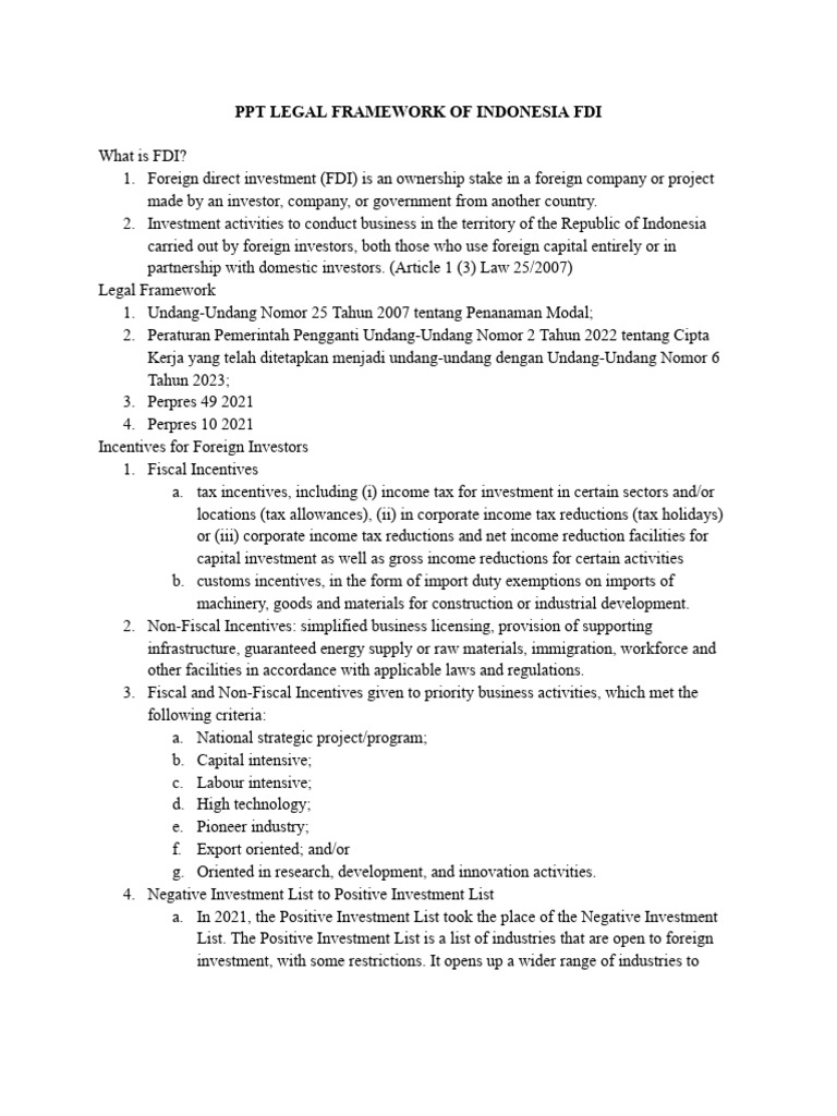 Indonesia FDI Legal Framework Overview | PDF | Foreign Direct ...