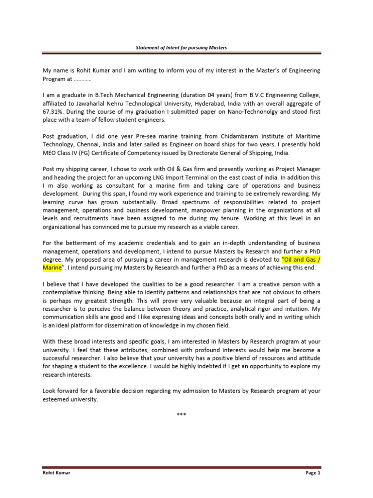 Letter of Intent | PDF | Cognition | Cognitive Science