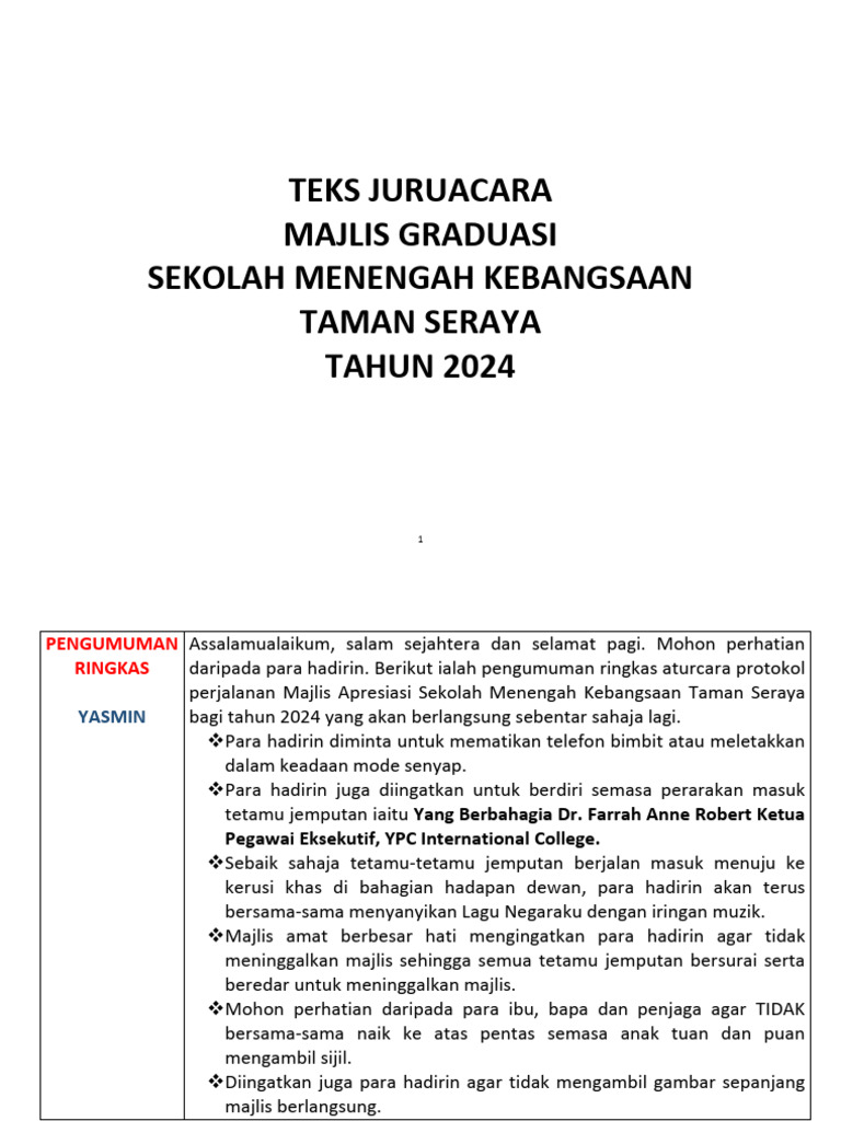 Teks Juruacara Majlis Graduasi SMKTS 2024 | PDF