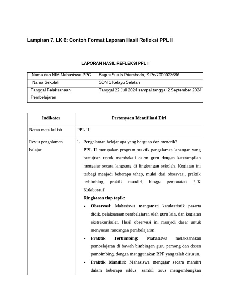 Lampiran 7. LK 6 Contoh Format Laporan Hasil Refleksi PPL I | PDF