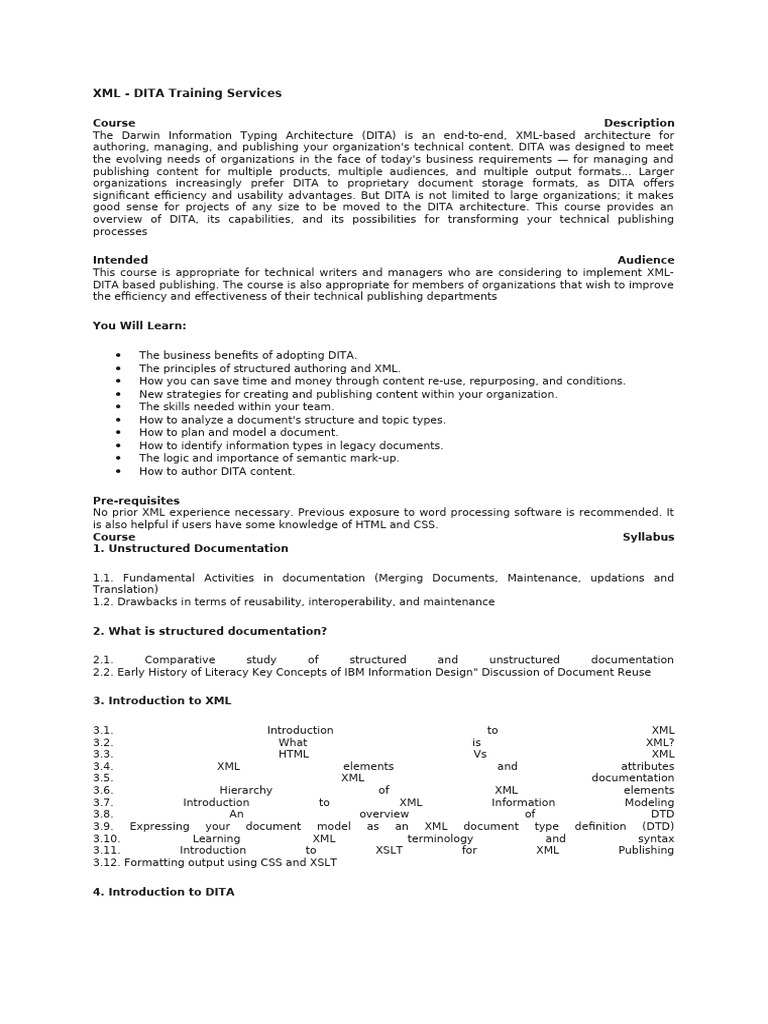DITA XML Training for Technical Writers | PDF | Xml | Computing