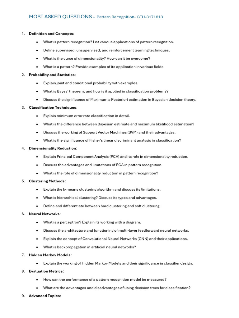 MOST ASKED QUESTIONS Pattern Recognition GTU | PDF | Support Vector Machine | Principal ...