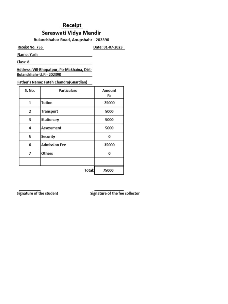 Yash Fee Slip for 2023 | PDF