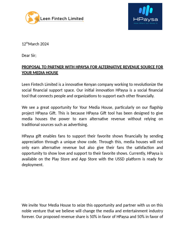 Proposal To Partner With HPaysa For Alternative Revenue | PDF