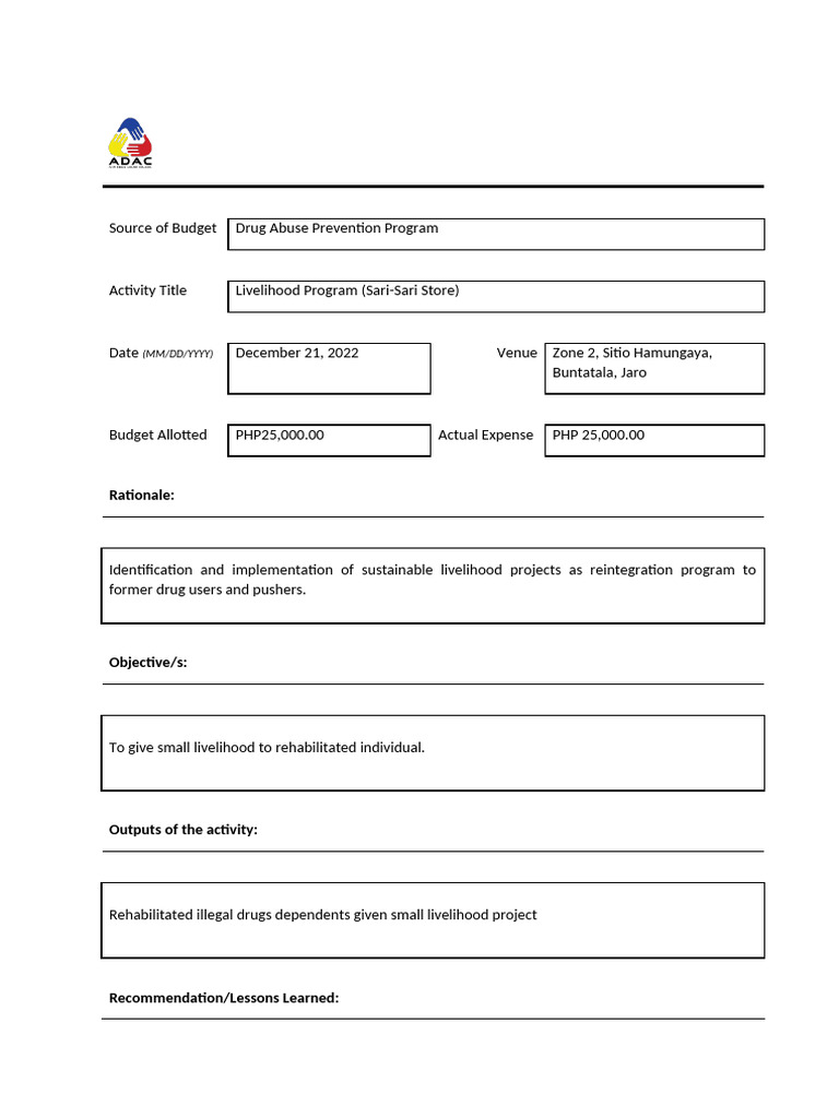 BADAC FORM Activity Livelihood | PDF