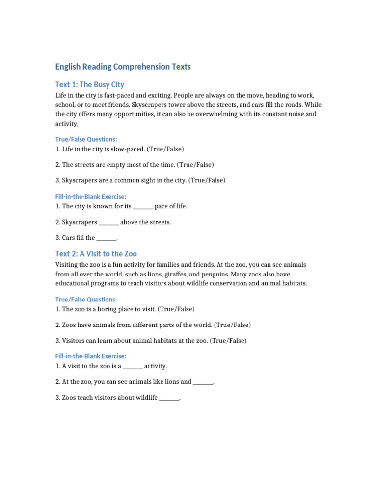 English Reading Comprehension Exercises | PDF