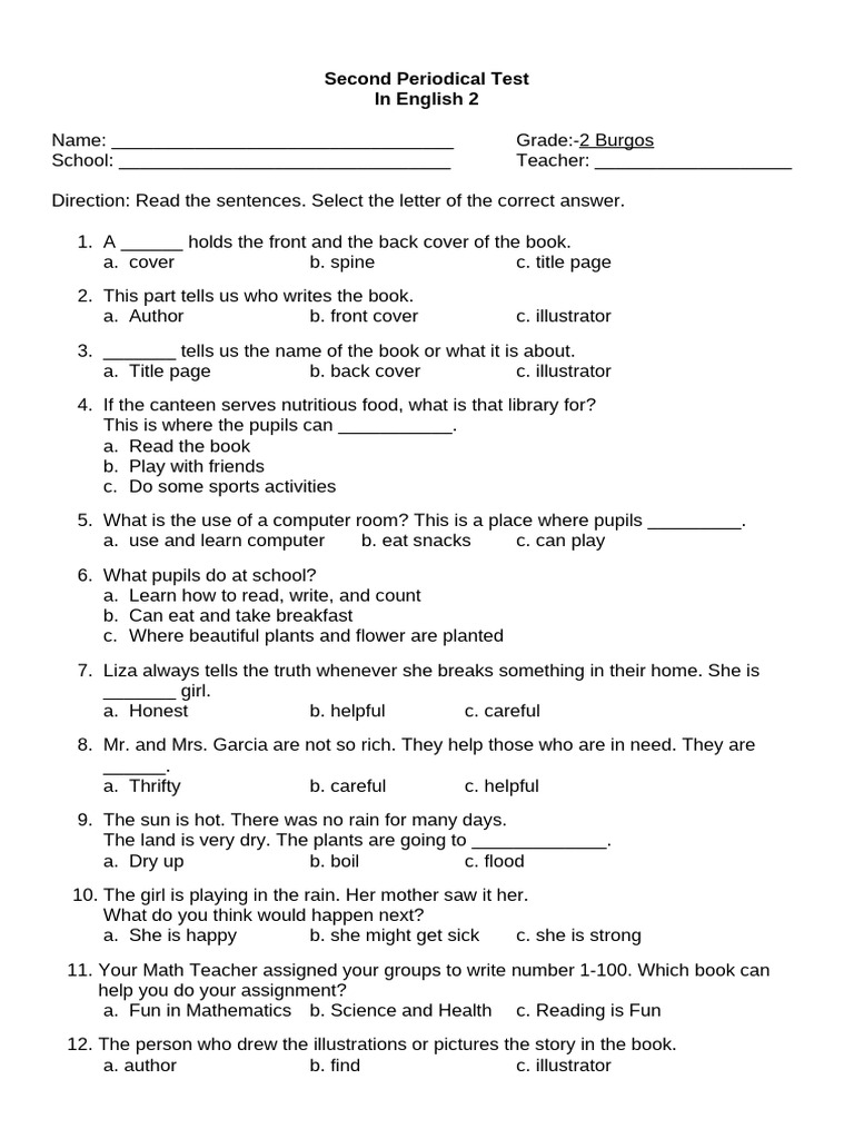 Second Periodical Test Grade 2 | PDF