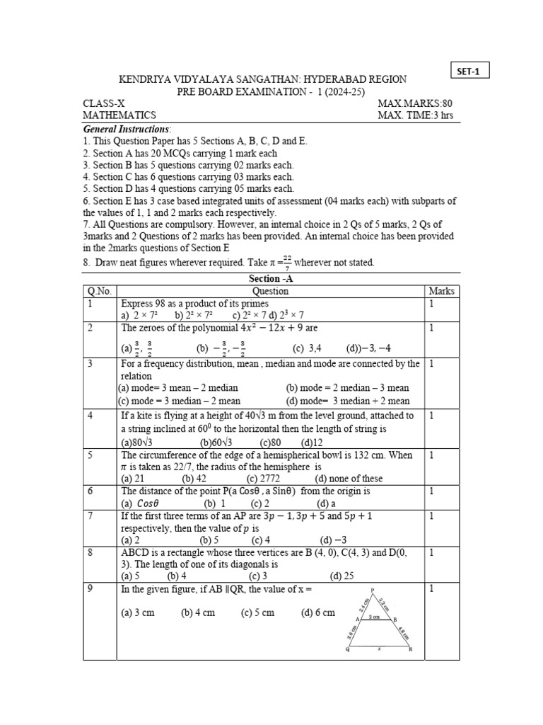 PB-1 (2024-25) Maths - SET-1 QP | PDF | Circle | Sphere