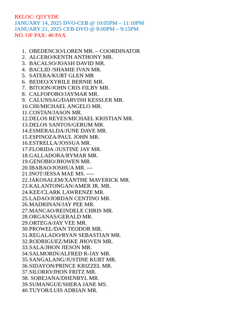 Ckpag 260 Pax For Ticketing Final List | PDF