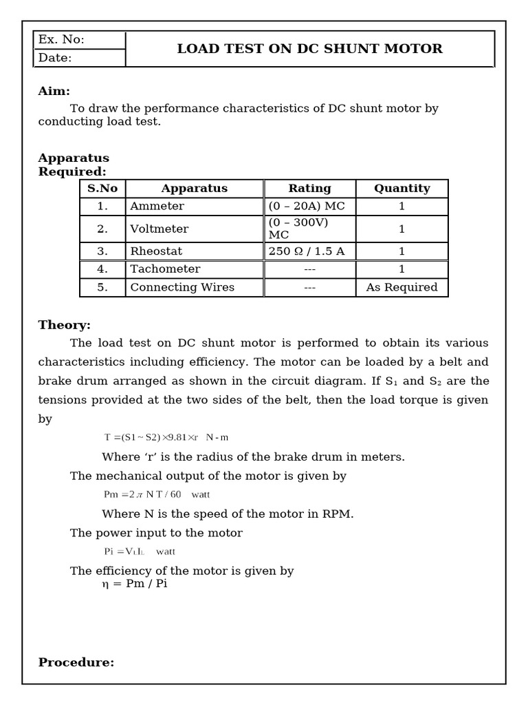 M - Load Test On DC Shunt Motor | PDF