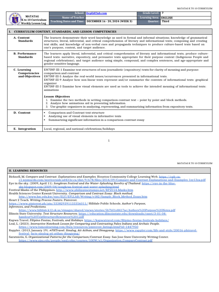 DLL Matatag - English 7 q3 w3 | PDF | Human Communication