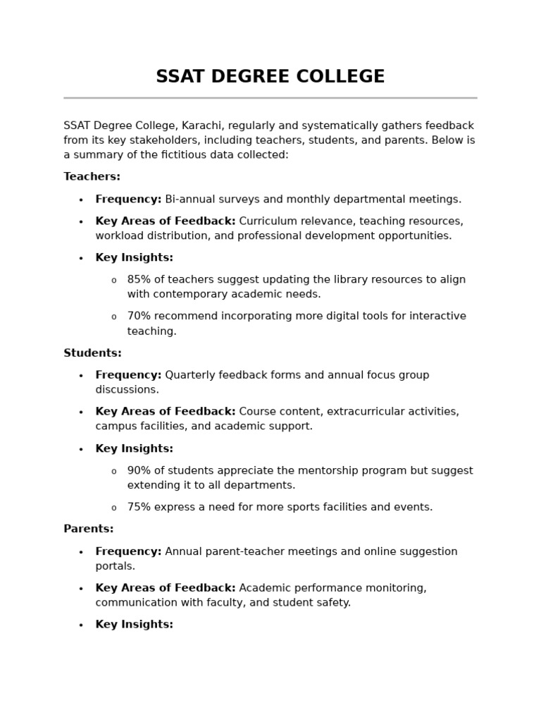 Ssat Degree College: Teachers: Frequency: Key Areas of Feedback: Key ...