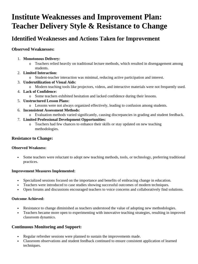 Institute Weaknesses and Improvement Plan | PDF | Teachers | Methodology