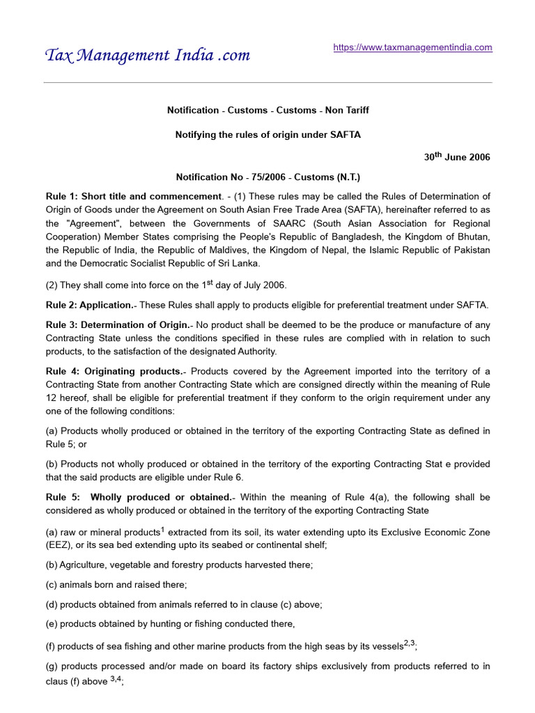 Safta rules of origin notification Customs - Notification No. 075_06 ...