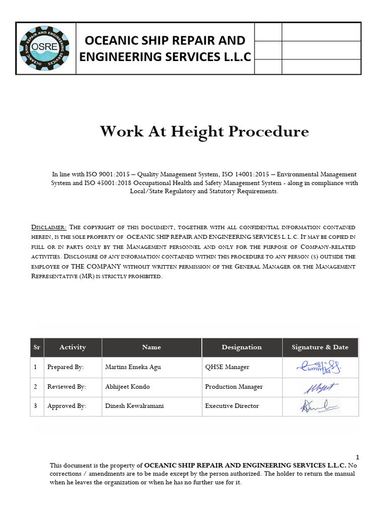 IMS - OSRE-WAH-001 - Work at Height Procedure | PDF | Scaffolding