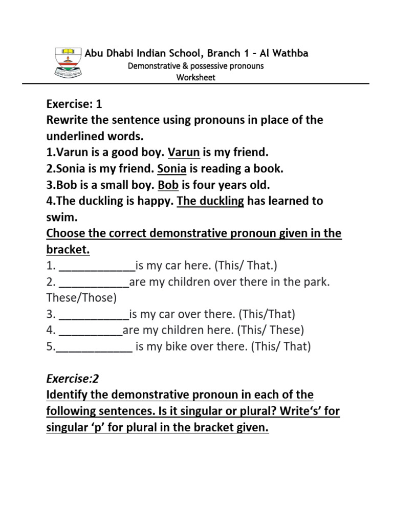 Demonstrative and Possessive Pronouns Worksheet | PDF