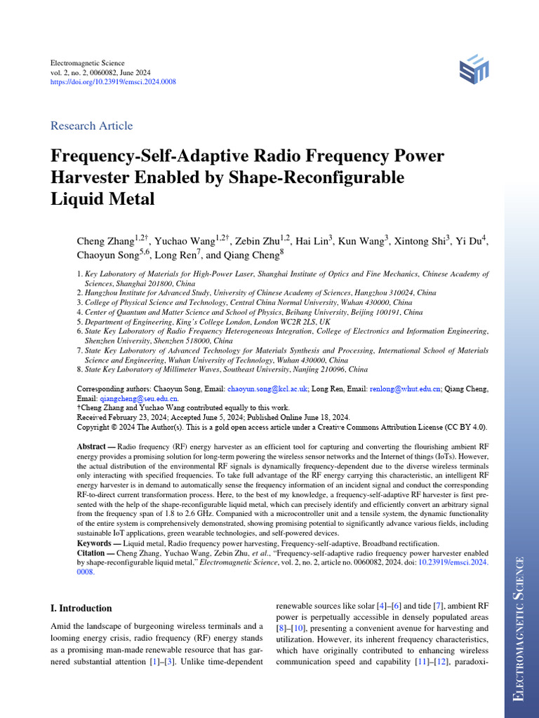 Frequency-Self-Adaptive Radio Frequency Power Harvester Enabled by ...