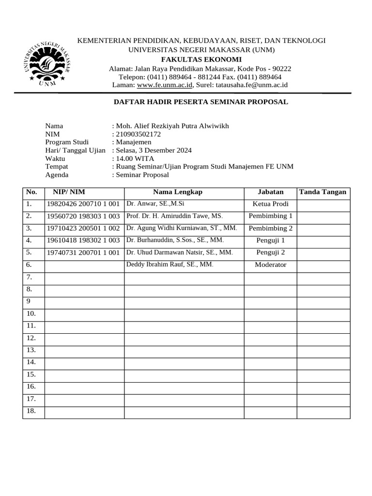 Form Daftar Hadir Peserta Seminar Dan Lembar Penialaian Seminar | PDF
