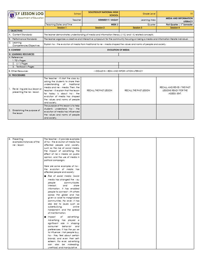 dll MIL QUARTER 1 WEEK 2 | PDF | Teachers | Public Opinion