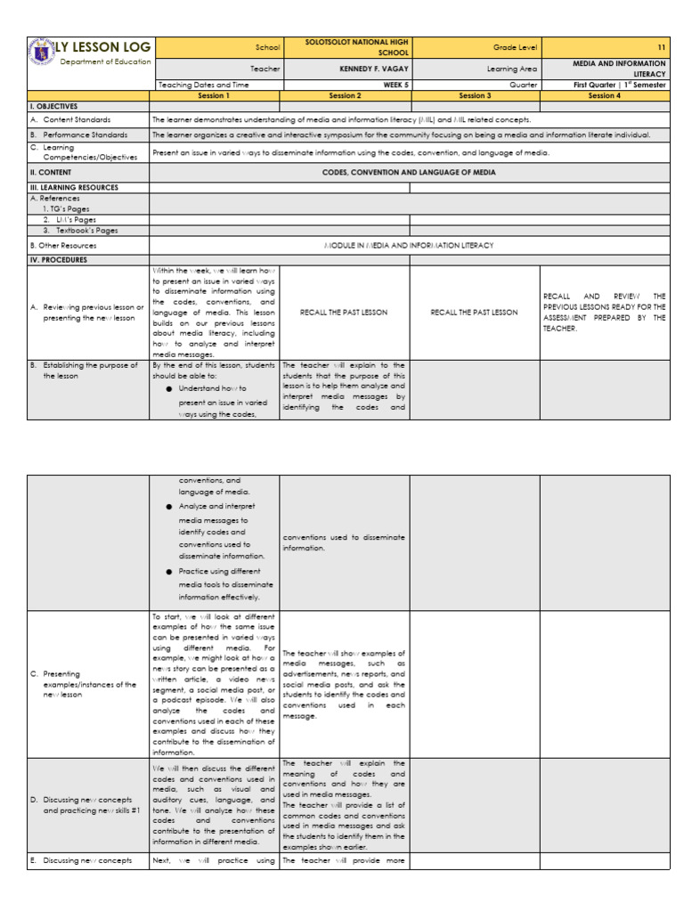 DLL MIL QUARTER 1 WEEK 5 | PDF | Information | Teachers