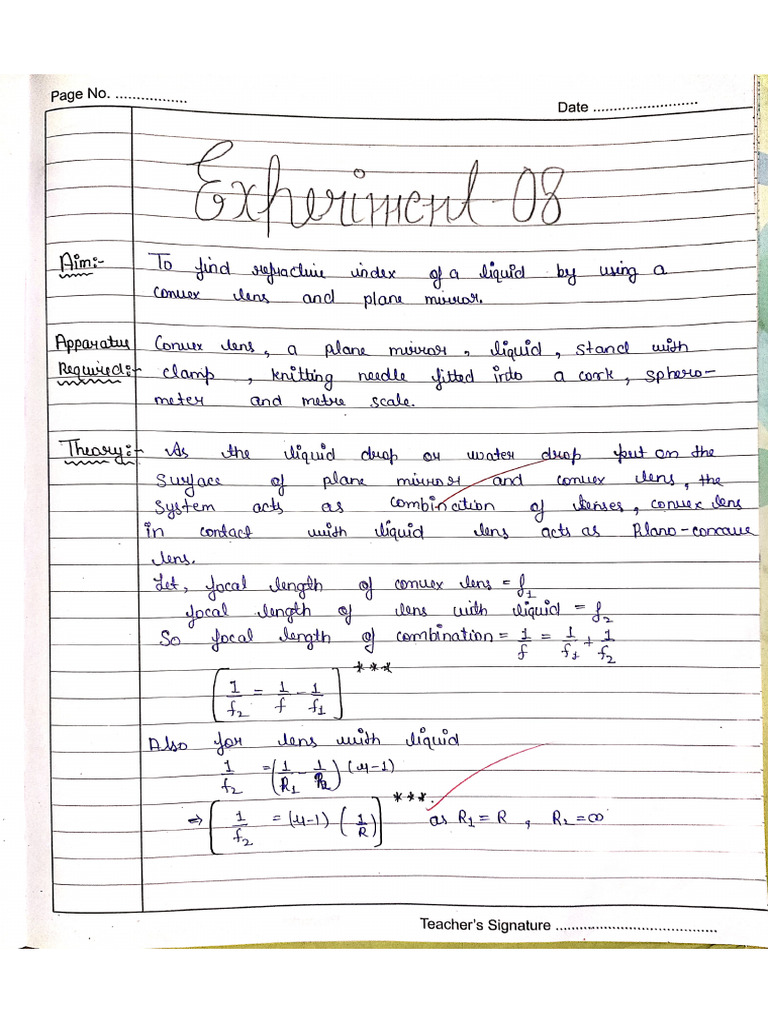 Experiment 8 To find the refractive index of water by using a convex ...