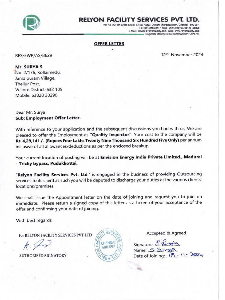 Surya Offer Letter | PDF