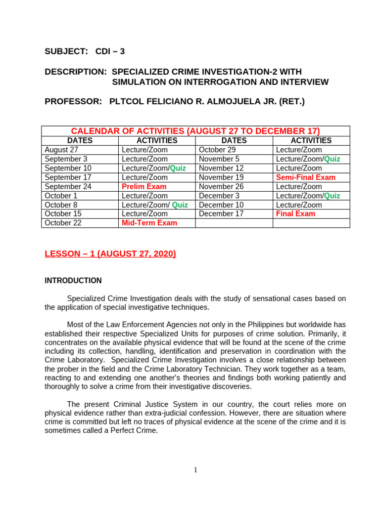 Handouts For PRELIMS in Specialized Investigatio 2 With Simulation of Interrogation and ...