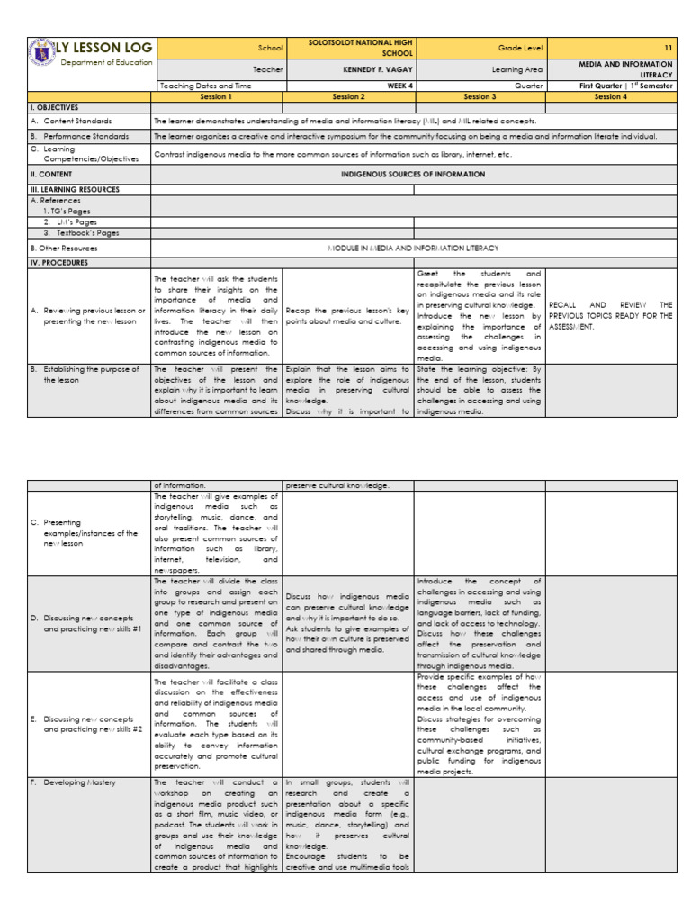 DLL MIL QUARTER 1 WEEK 4 | PDF | Teachers | Learning