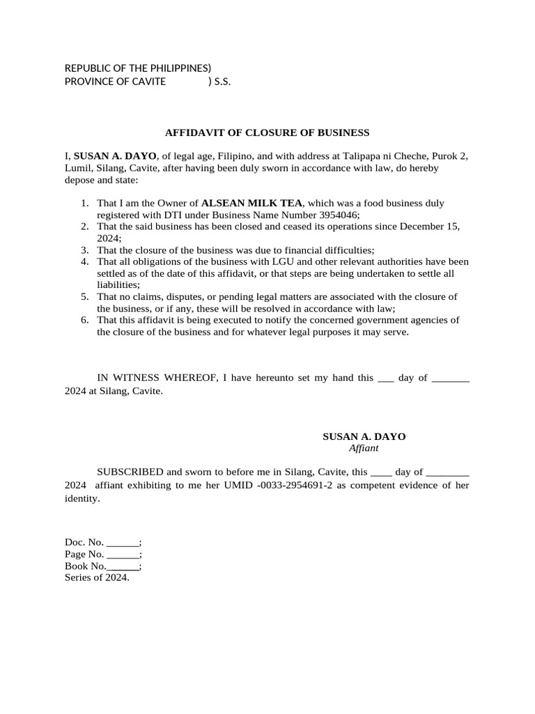 Affidavit of Closure of Business - Susan Dayo | PDF