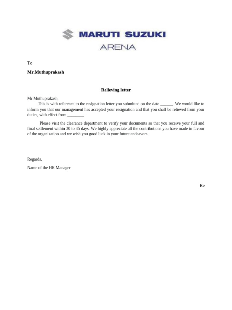 Relieving Letter for Mr. Muthuprakash | PDF